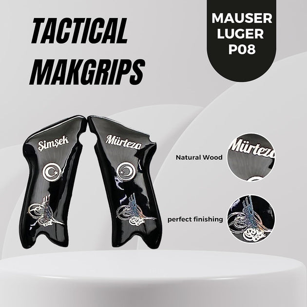 Mauser Luger P08 Gun Grips, Wooden Acrylic Silver Metal Grips