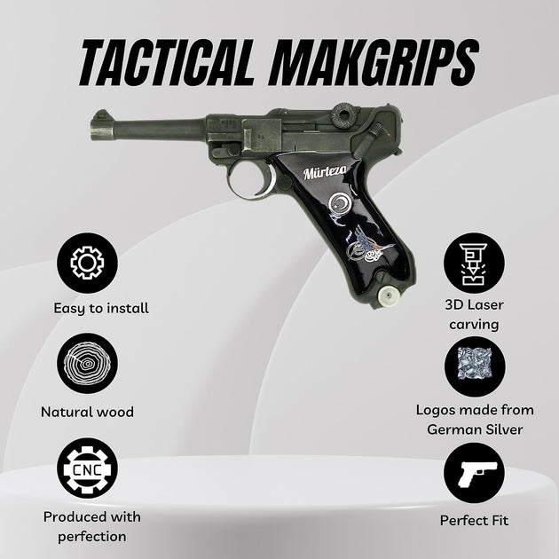 Mauser Luger P08 Gun Grips, Wooden Acrylic Silver Metal Grips